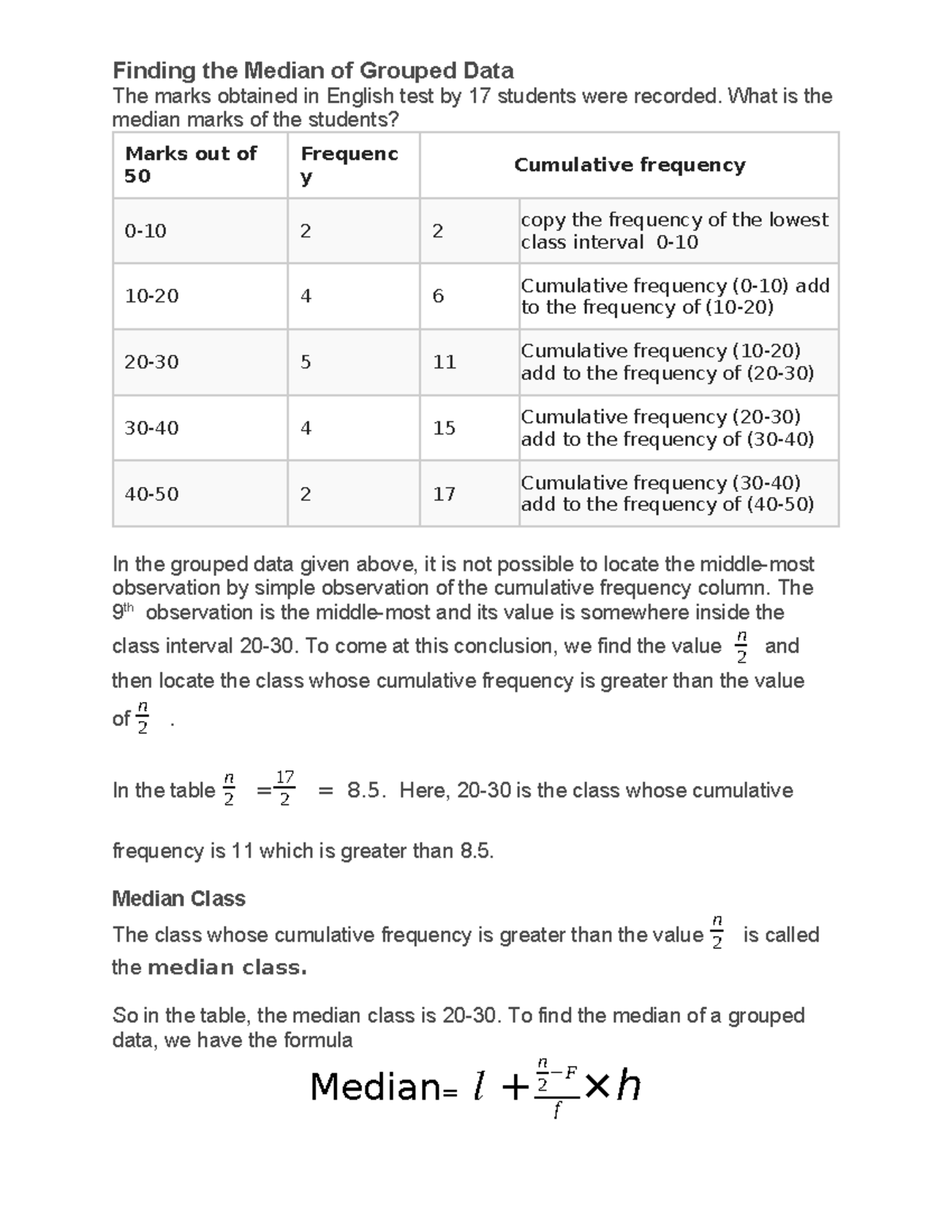 Median Grouped Data Handouts Finding The Median Of Grouped Data The