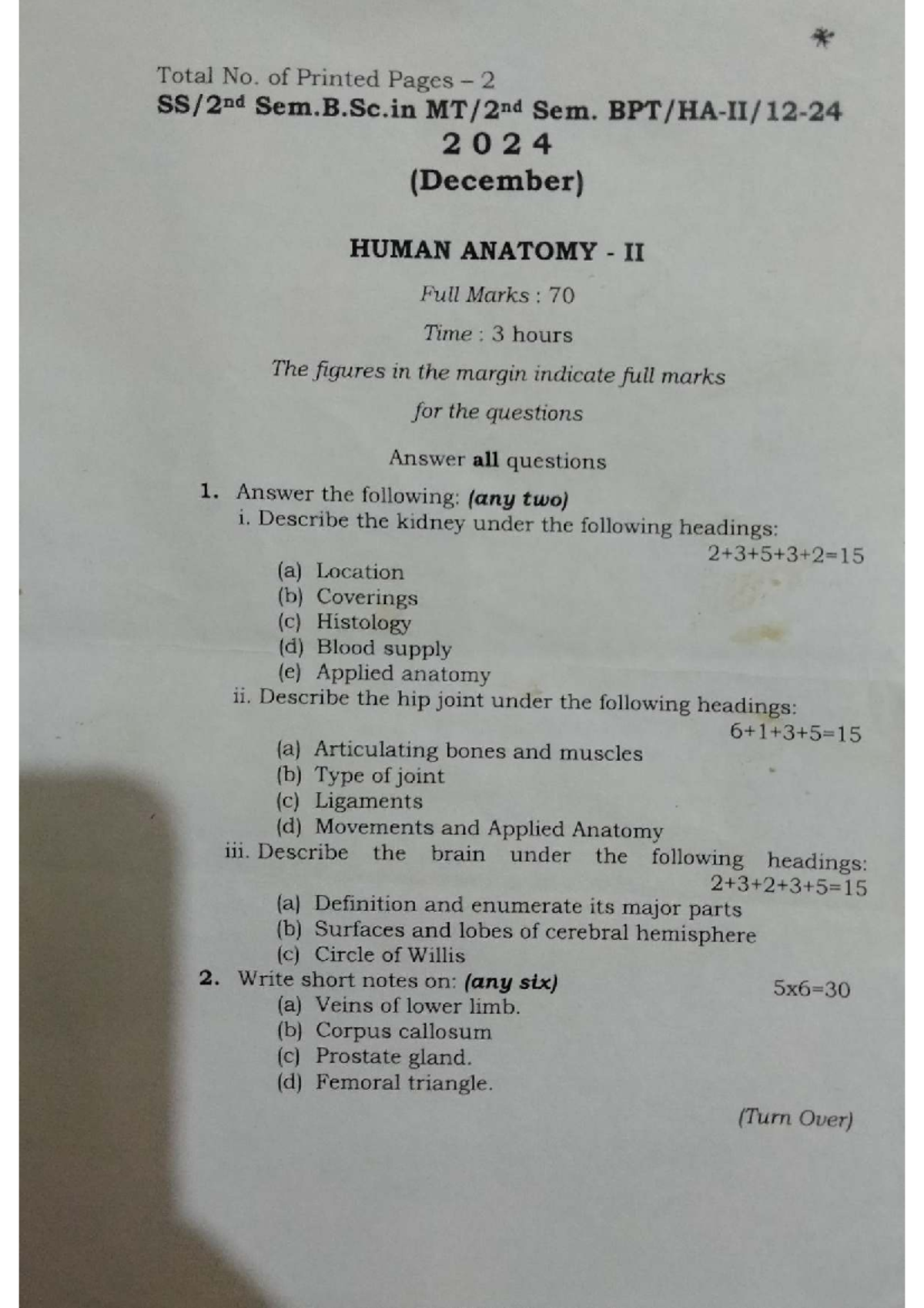 B.Sc. Sem. 2 2024 Final Exam: Human Anatomy II & Environmental Science ...
