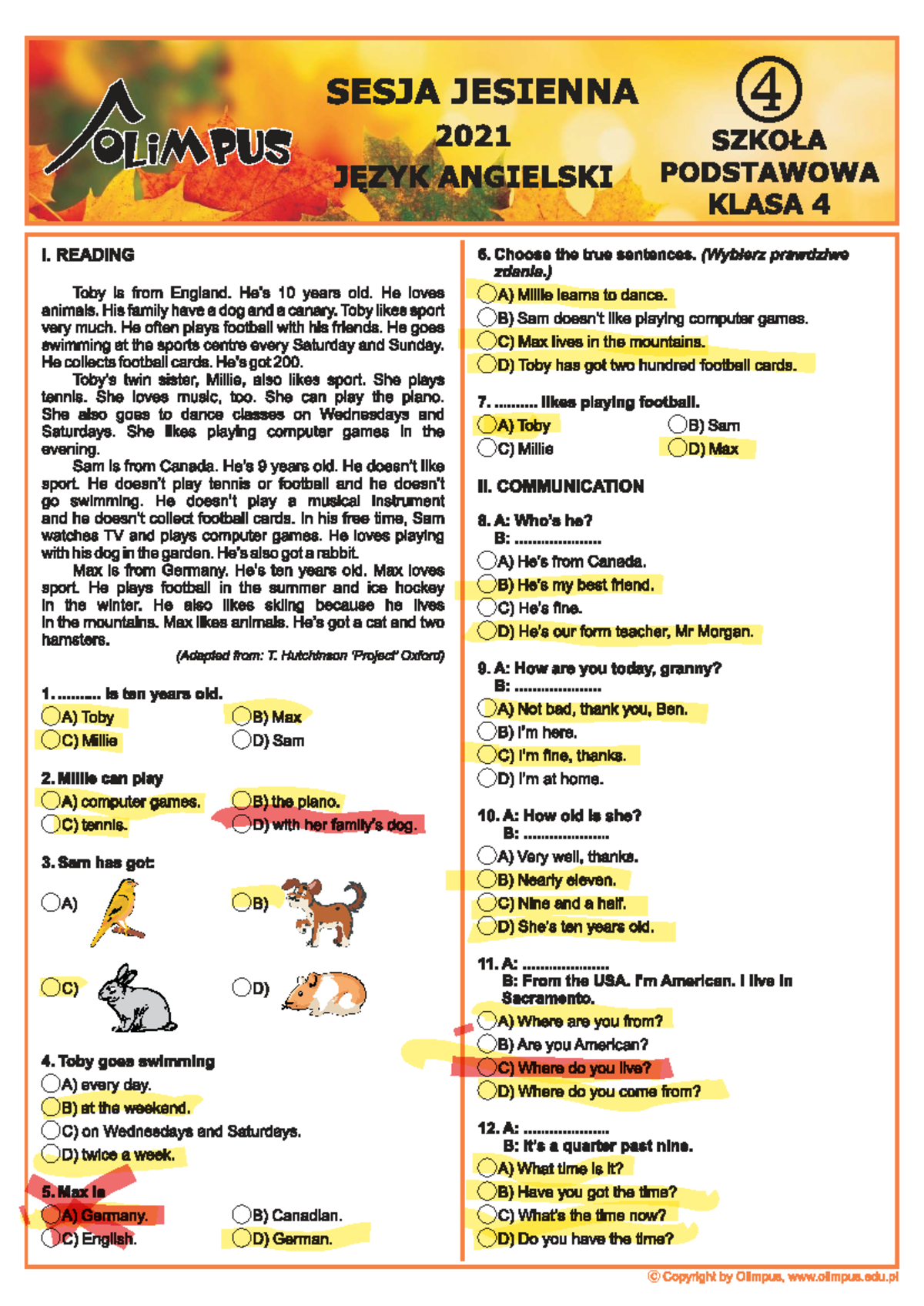 OLIMPUS 2021: Sesja Jesienna - Klasa 4 Angielski Reading Exercises ...