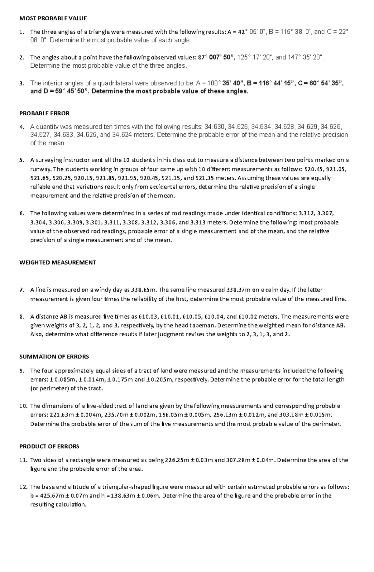 Most Probable Value and Probable Error Calculations - Surveying Methods - Studocu