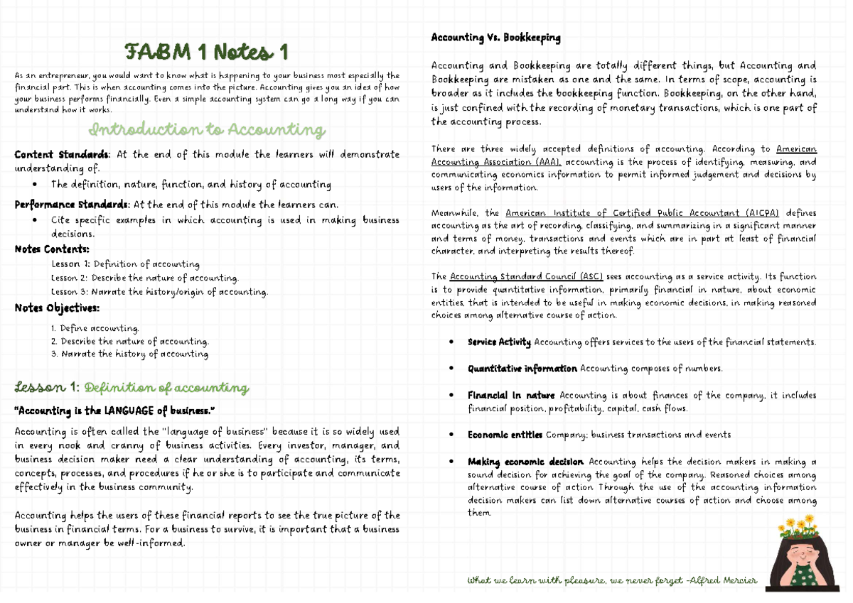 FABM1 Notes-1- Introduction-TO- Accounting - FABM 1 Notes 1 As an ...