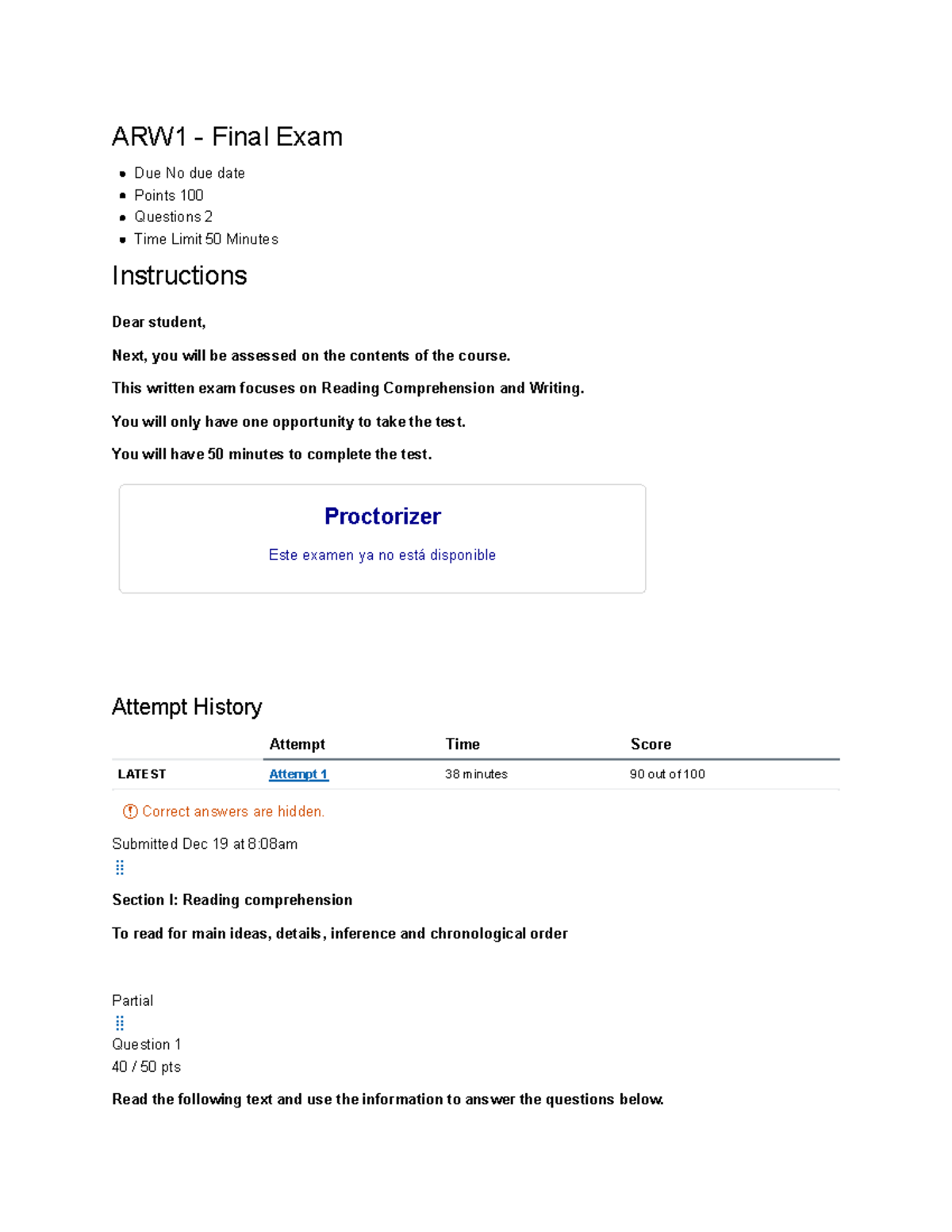 ARW1 Final Exam: Reading Comprehension & Writing Assessment - Studocu