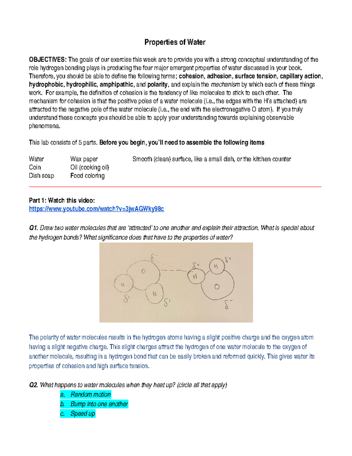 Properties of Water Lab - Properties of Water OBJECTIVES: The goals of ...