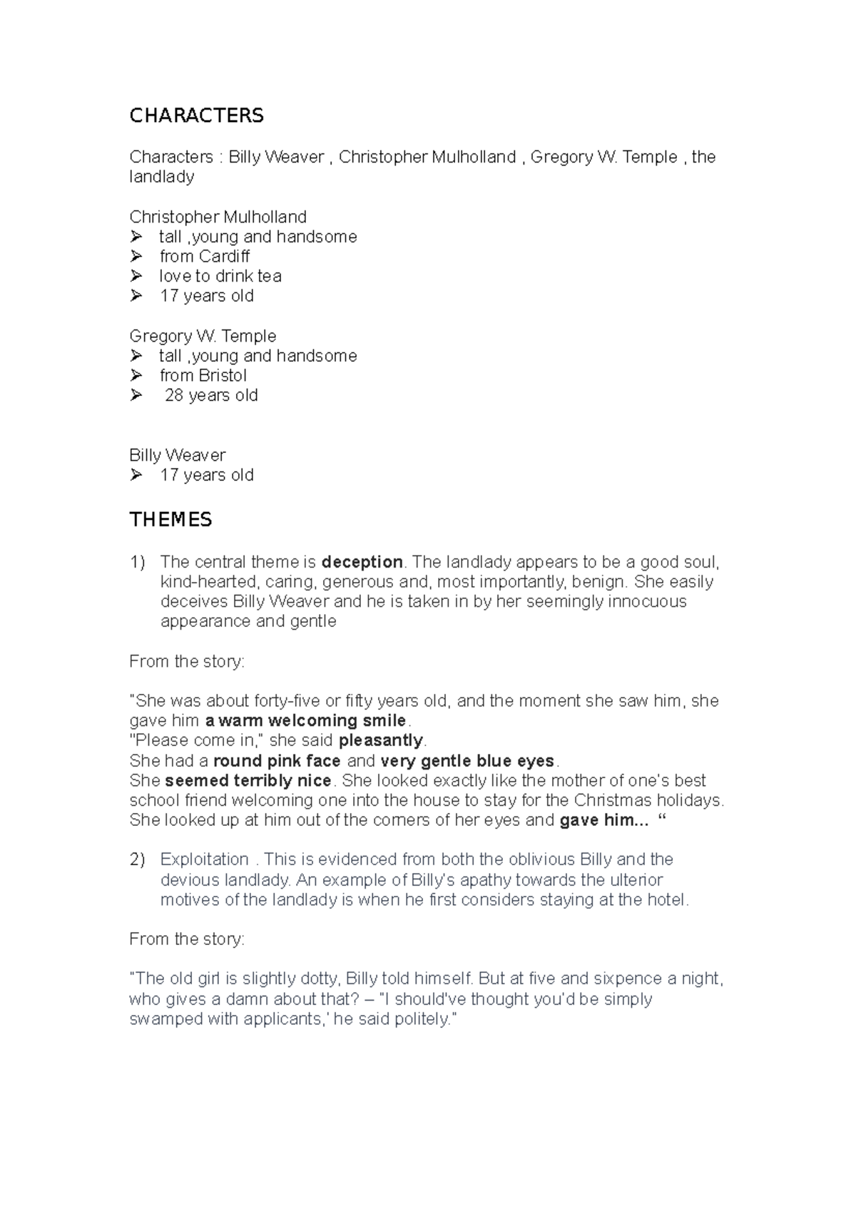 THE Landlady Discuss - CHARACTERS Characters : Billy Weaver ...