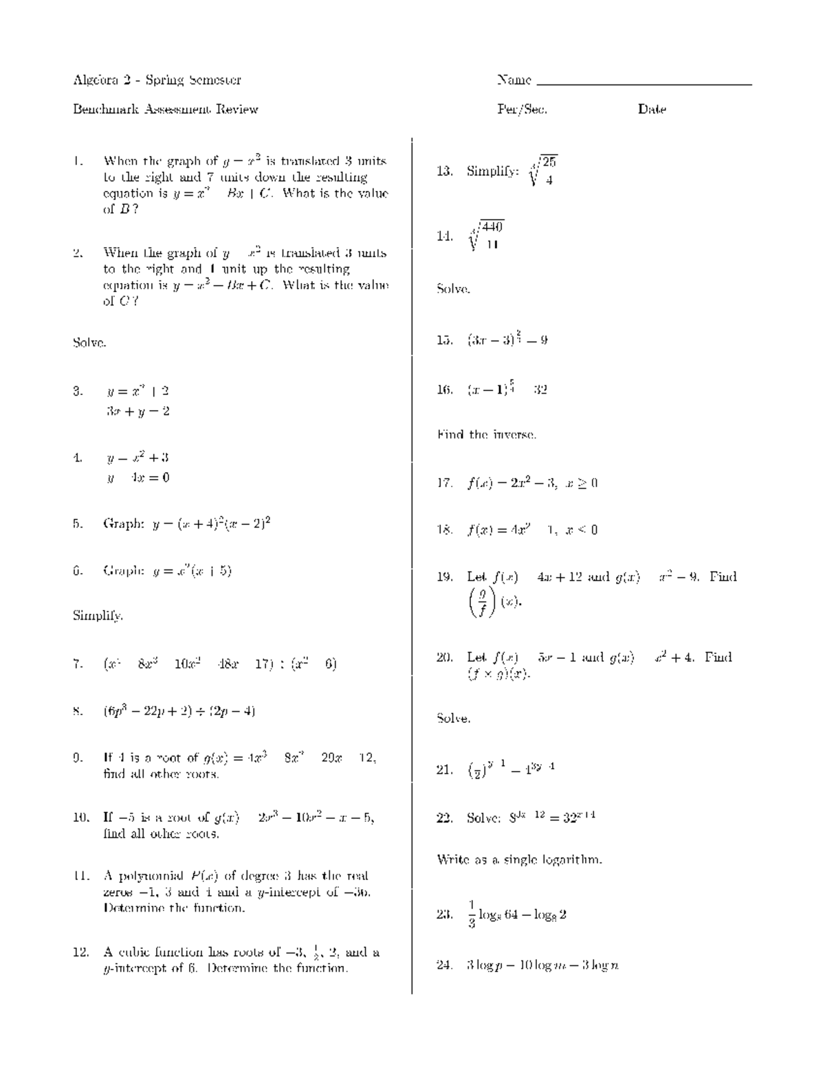 24-25 Algebra 2 Spring Benchmark Assessment Review - Studocu