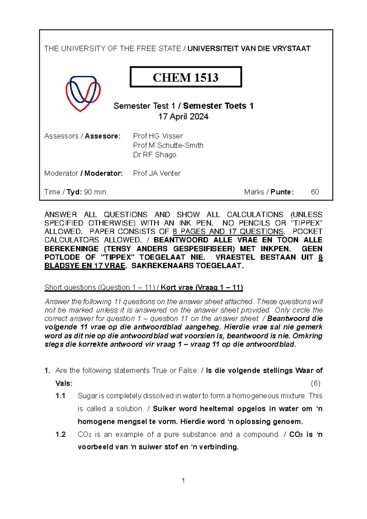 Sem T1 chem - Past paper - THE UNIVERSITY OF THE FREE STATE ...