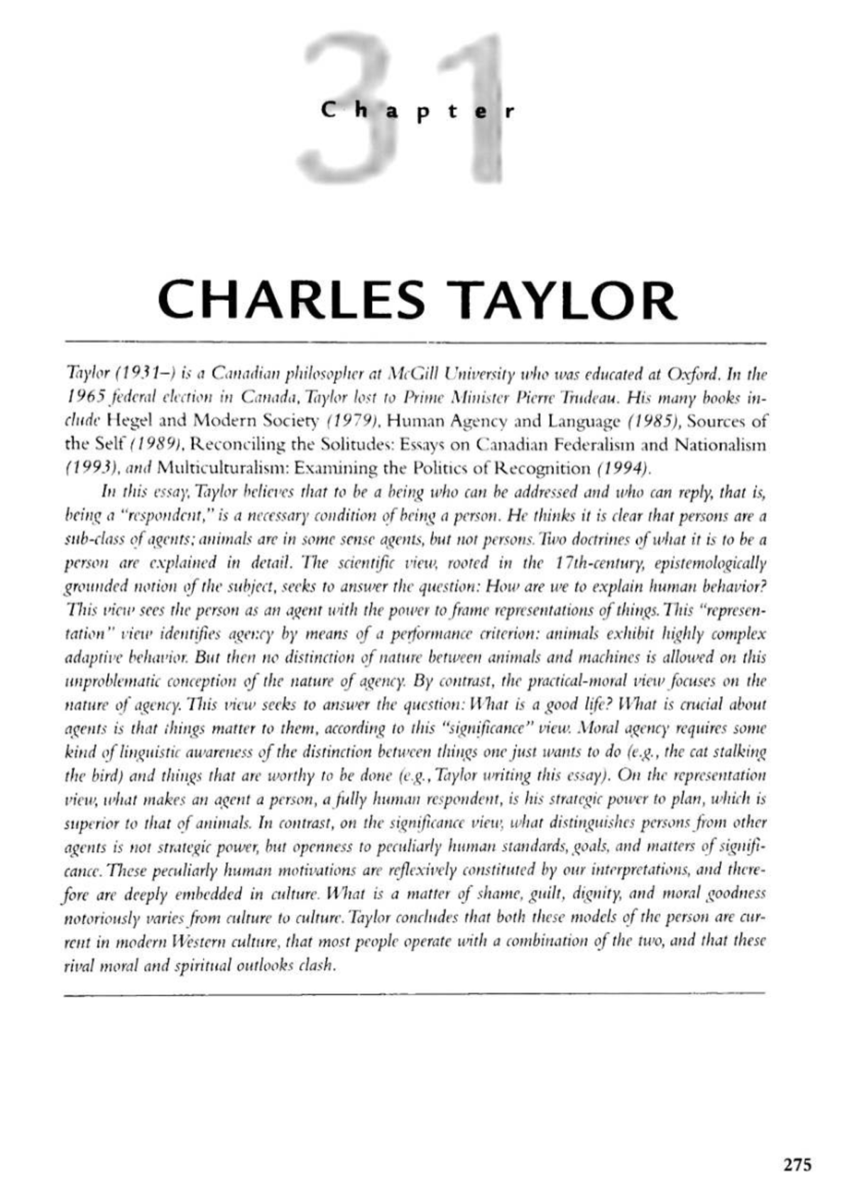 Chapter 1: The Concept of a Person - Insights from Charles Taylor - Studocu