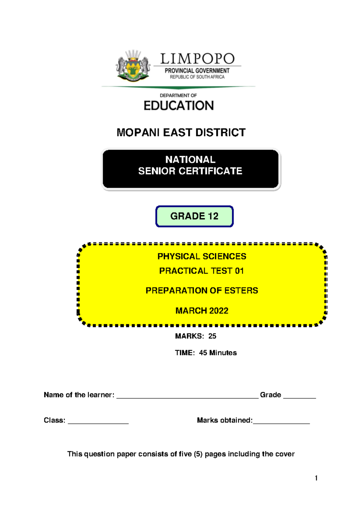 Physical Sciences Gr 12 Practical Test 01 - Ester Preparation 2022 ...