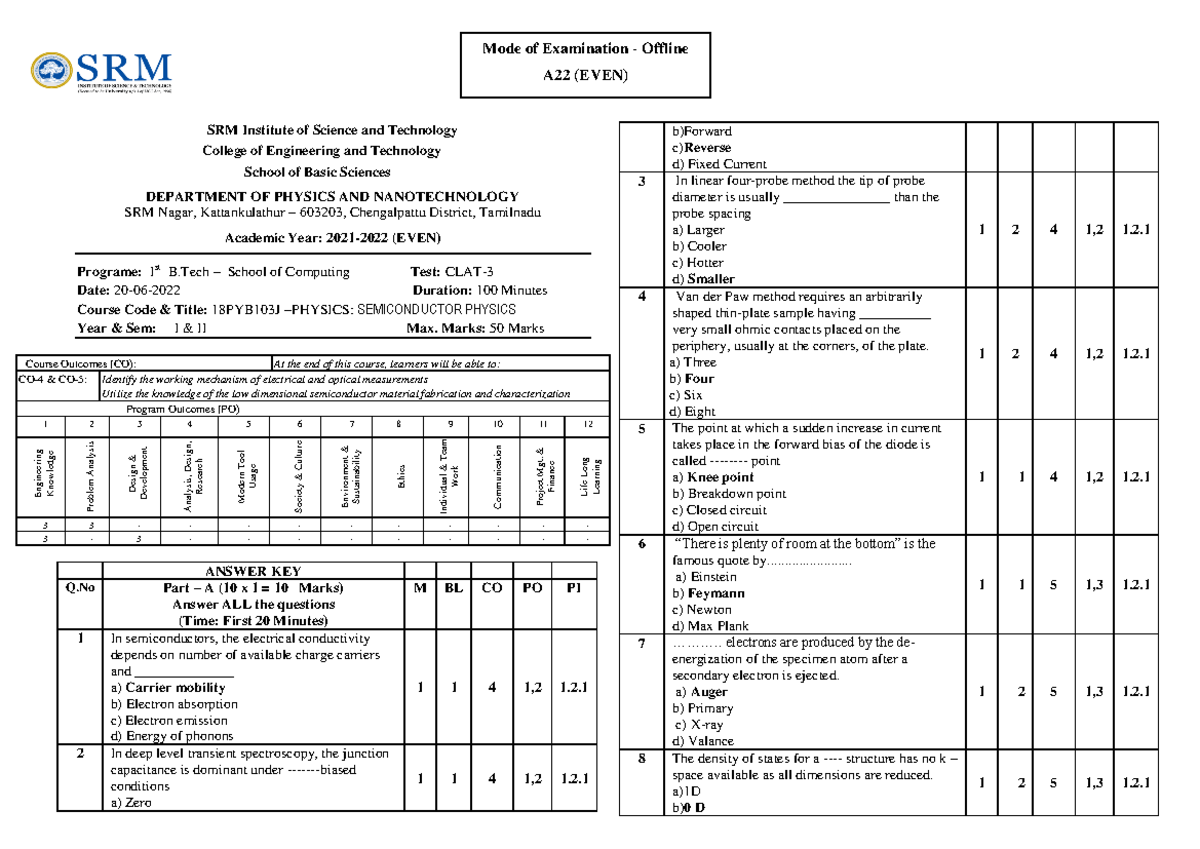 CT 3 QUESTION PAPER-3 - SRM Institute of Science and Technology College ...
