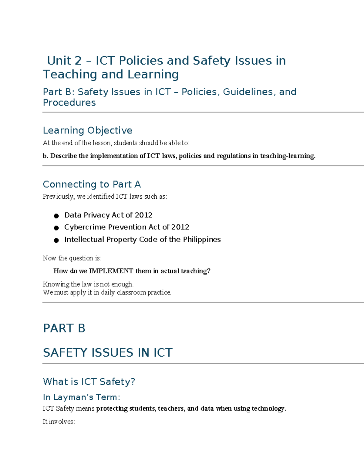 Unit 2 ICT Policies & Safety Issues in Teaching - Part B Review - Studocu