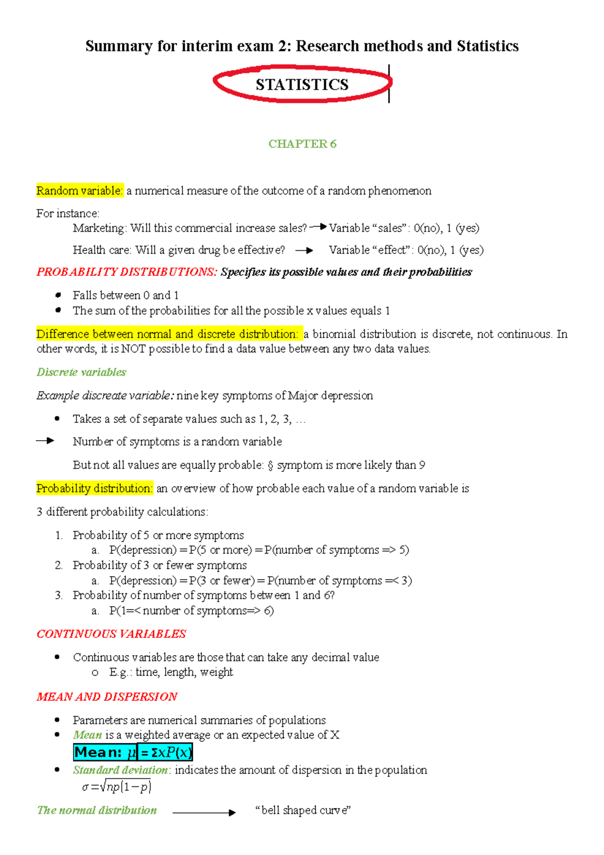 Summary for interim 2 RMS - Summary for interim exam 2: Research ...