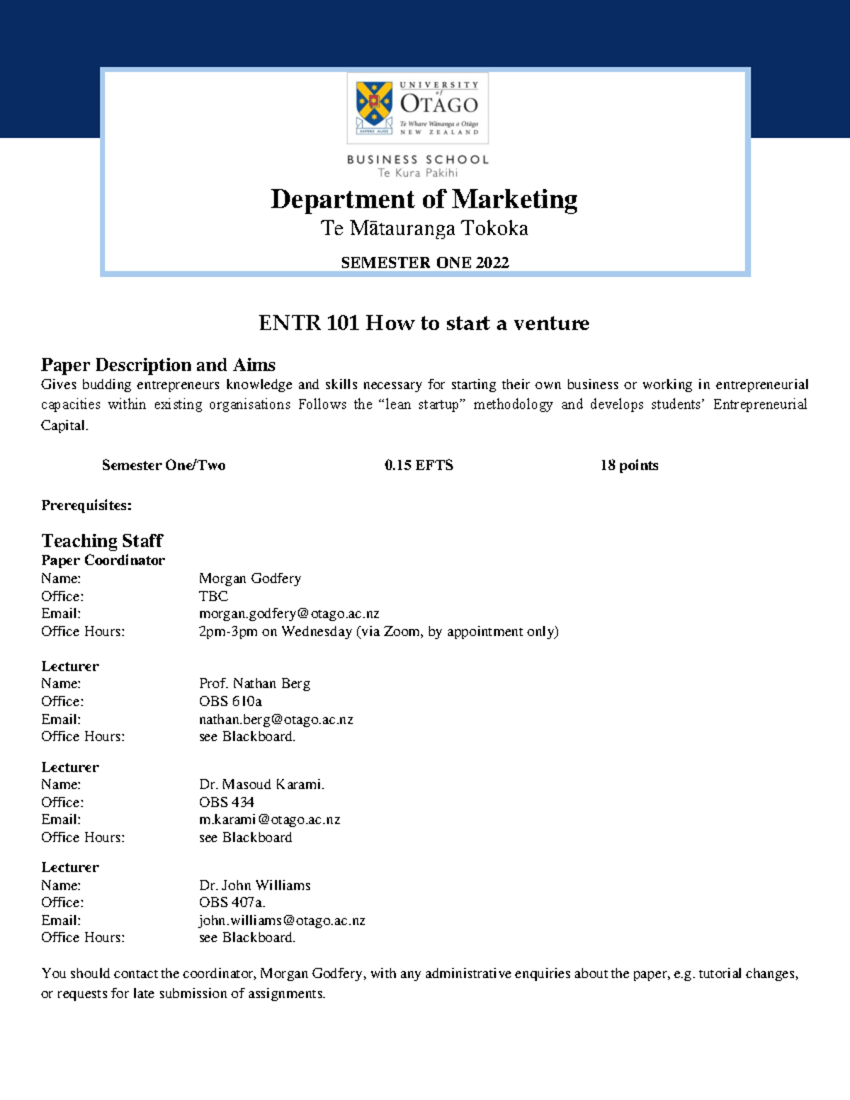 ENTR 101 - Course Outline for Starting a Venture (Semester 1 2022 ...