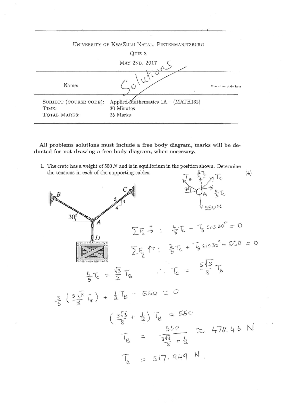 Tutorial work - Applied mathematics 1A - Statics with solutions ...