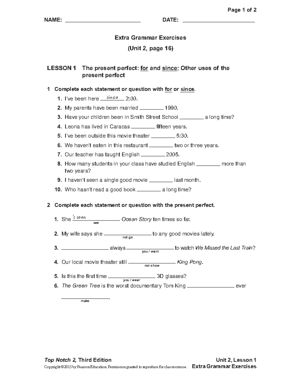 Unit 02 Extra Grammar Exercises: Present Perfect & Conversations - Studocu