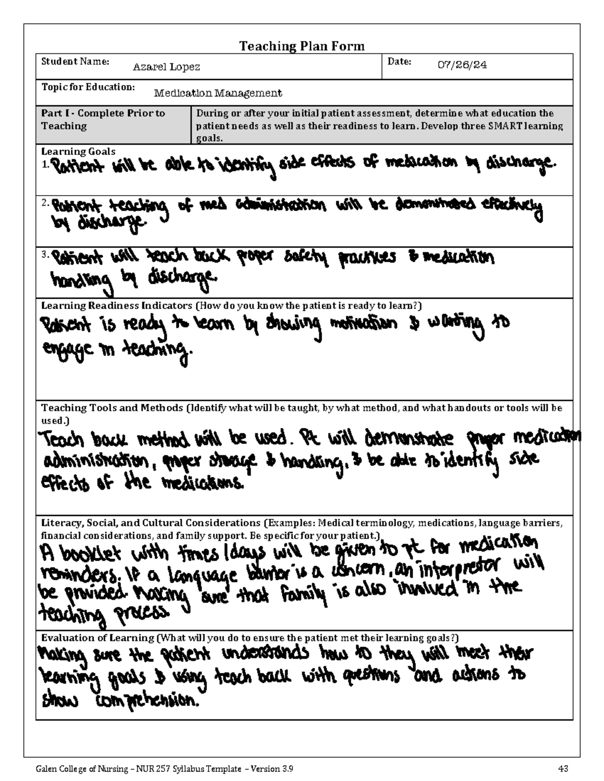 Teaching Plan for NUR 257: Patient Education Strategies and Goals - Studocu