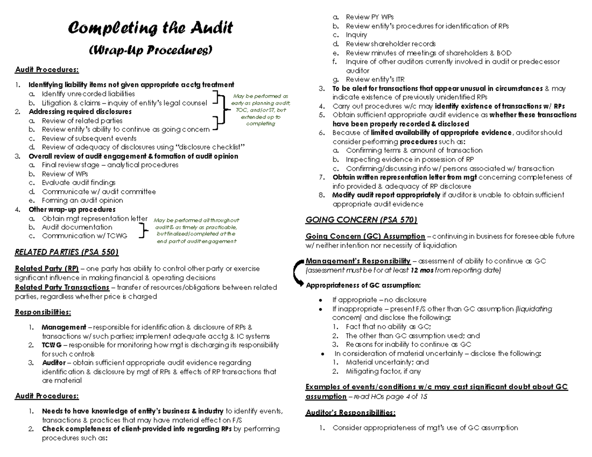 Audit Procedures Overview: Completing the Audit (ACCT 101) - Studocu