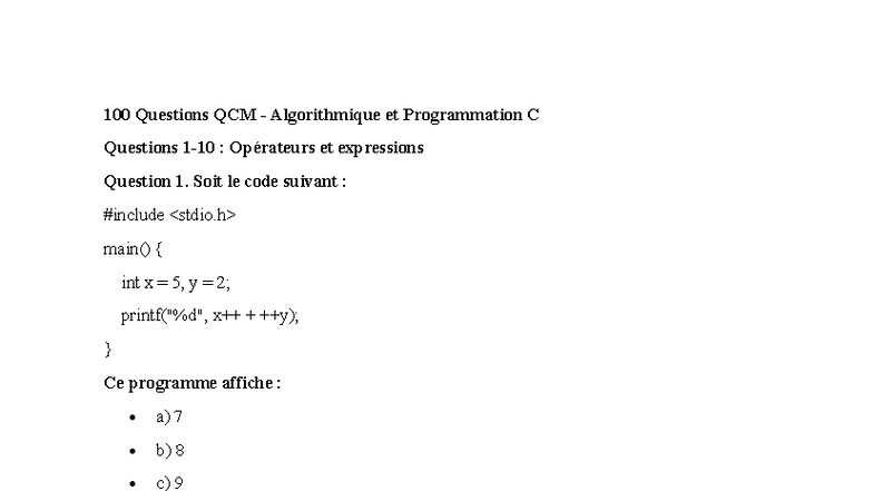 100 Questions QCM Algorithmique et Programmation C - Studocu