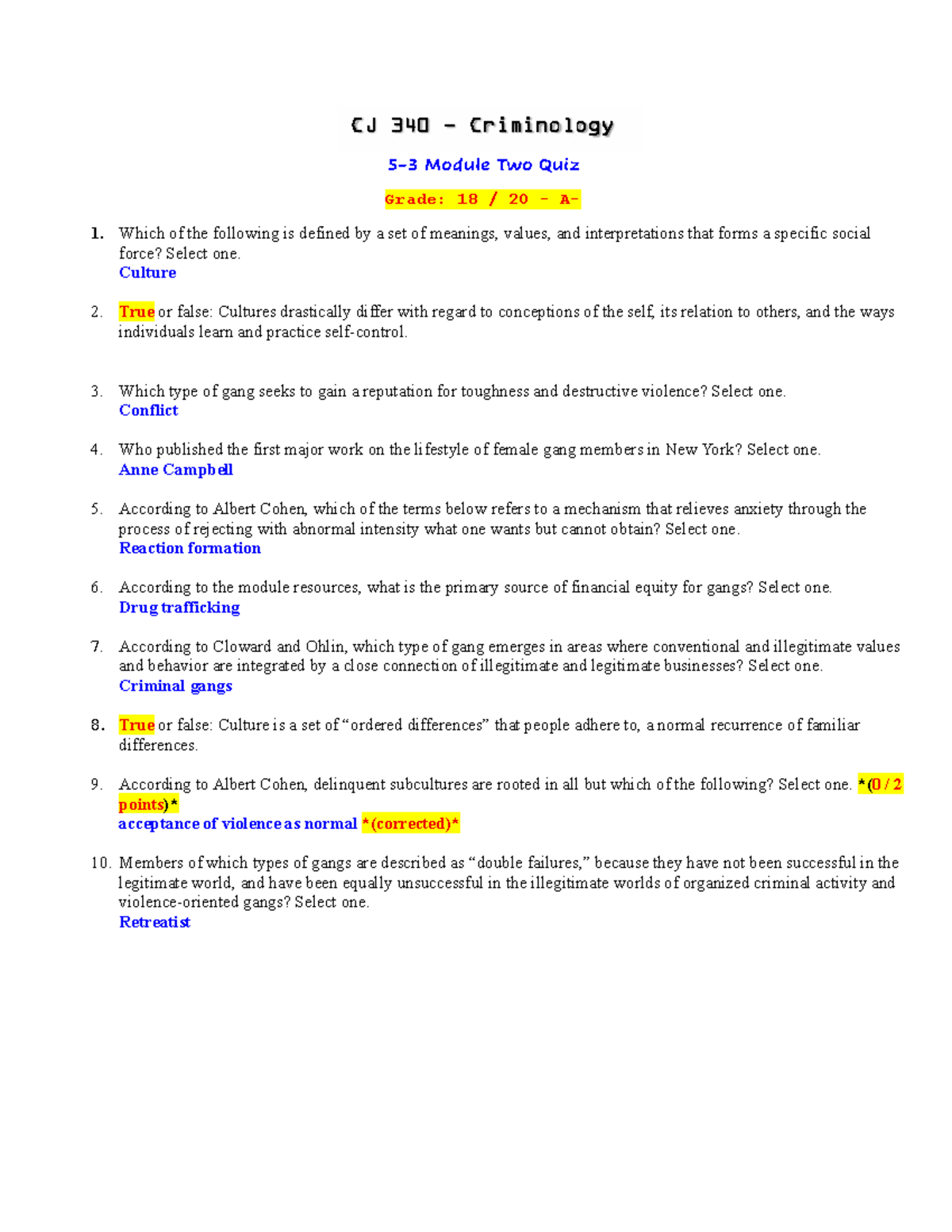 CJ 340 Criminology Module Two Quiz Review and Answers - Studocu