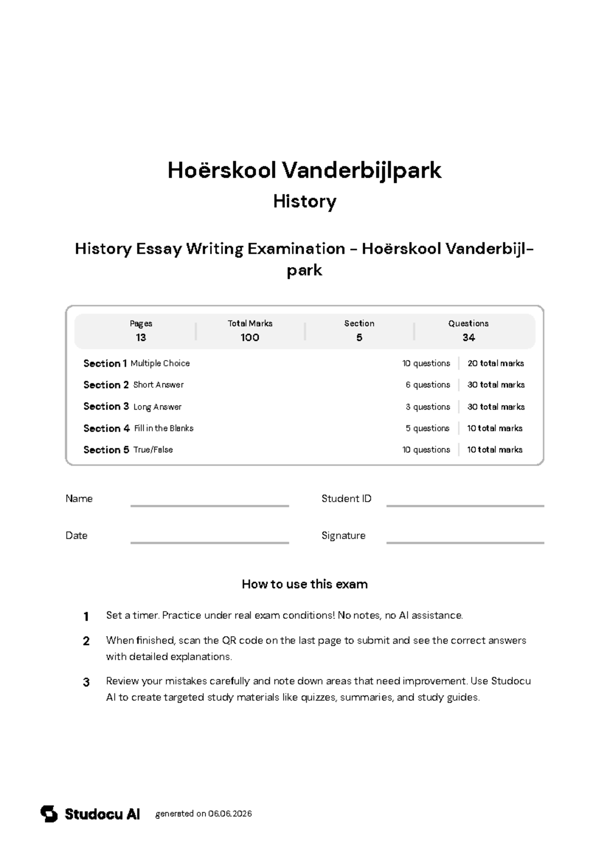 History Essay Writing Examination - Hoërskool Vanderbijlpark - Studocu