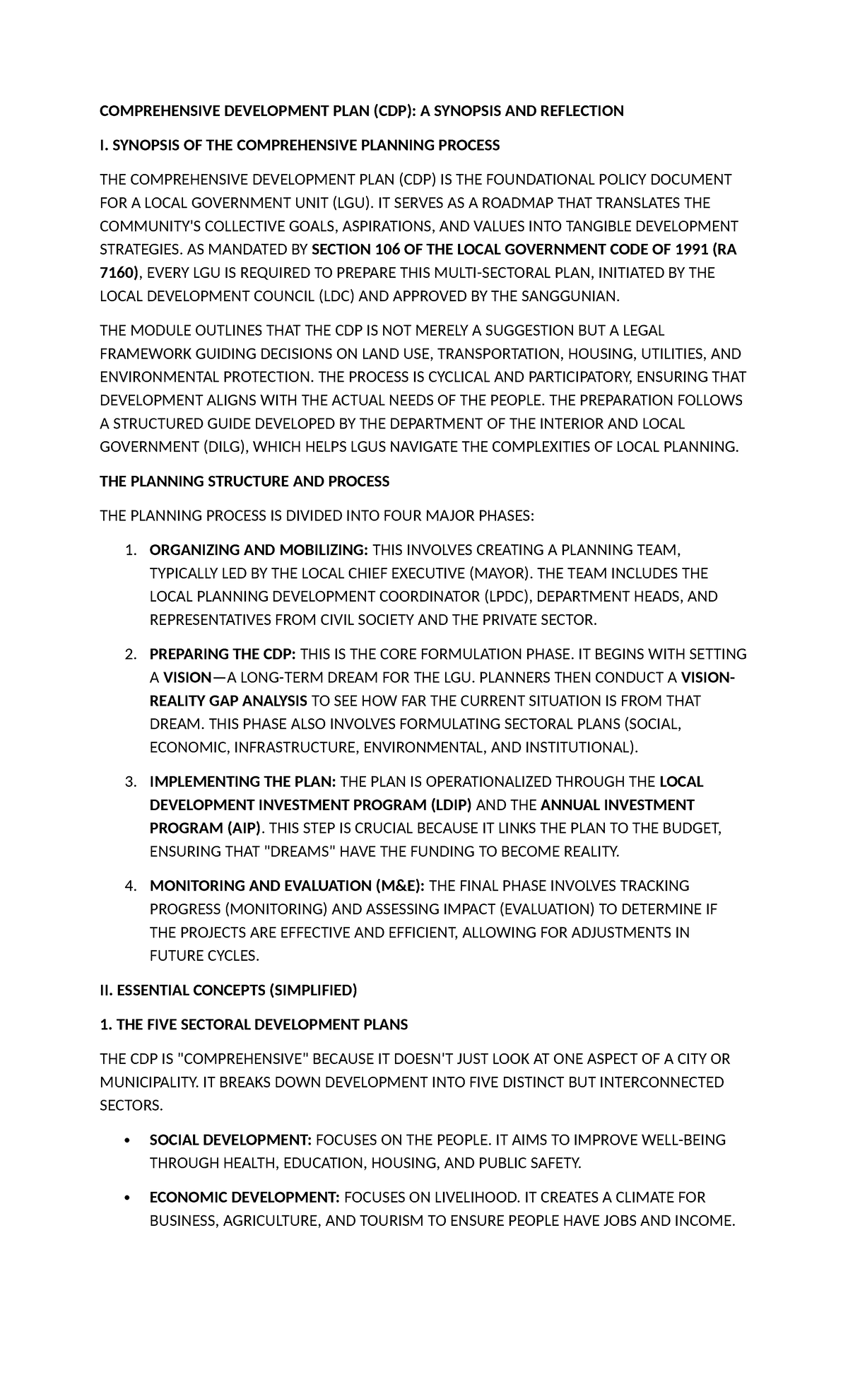 Comprehensive Development Plan (CDP): Synopsis and Key Insights - Studocu