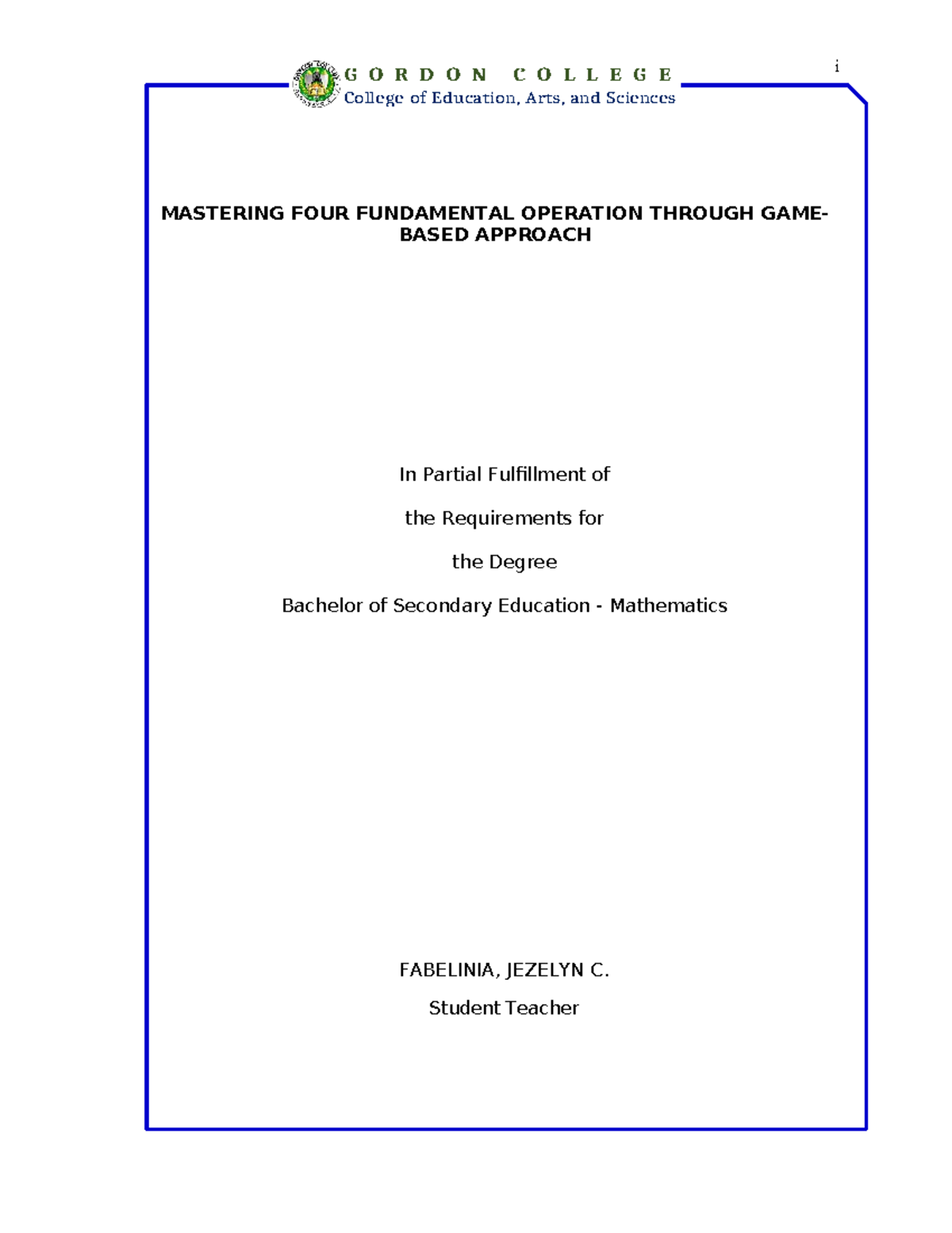 Mastering Four Fundamental Operations (BSED-Math) via Game-Based ...