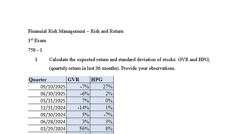 Financial Risk Management Midterm Exam 758: GVR vs HPG Analysis - Studocu