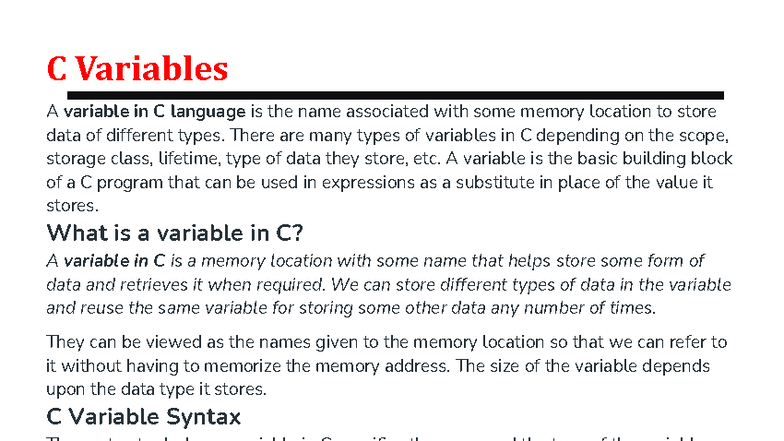 C Variables and Constants Overview (CS101) - Studocu
