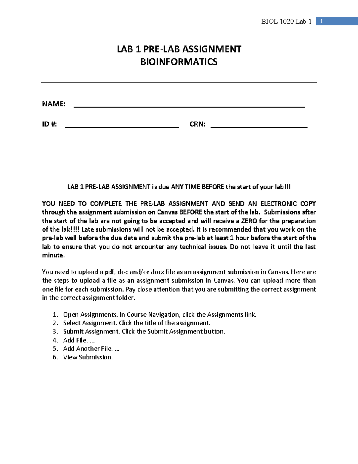 BIOL 1020 Lab 1 Pre-Lab Assignment: Bioinformatics S2025 - Studocu