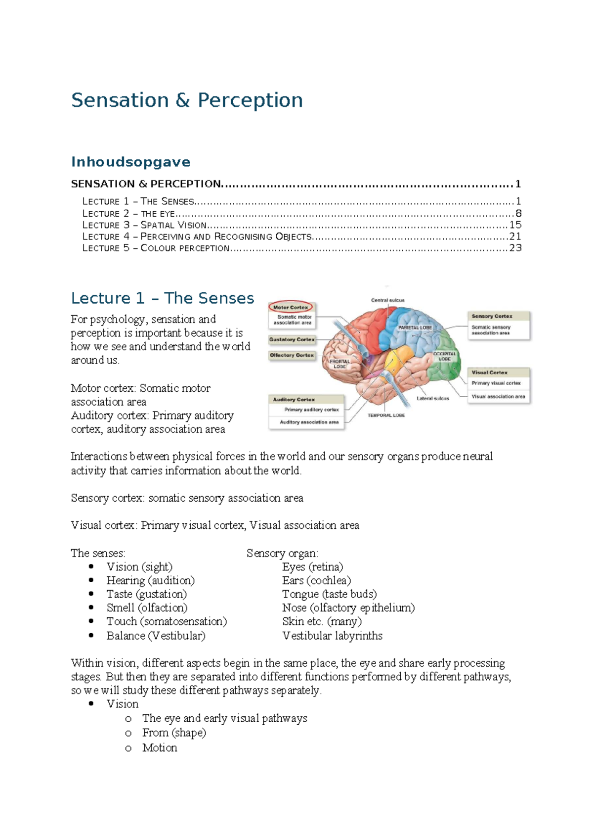 Sensation Perception - Lecture Summary 1-6 (PSY 101) - Studeersnel