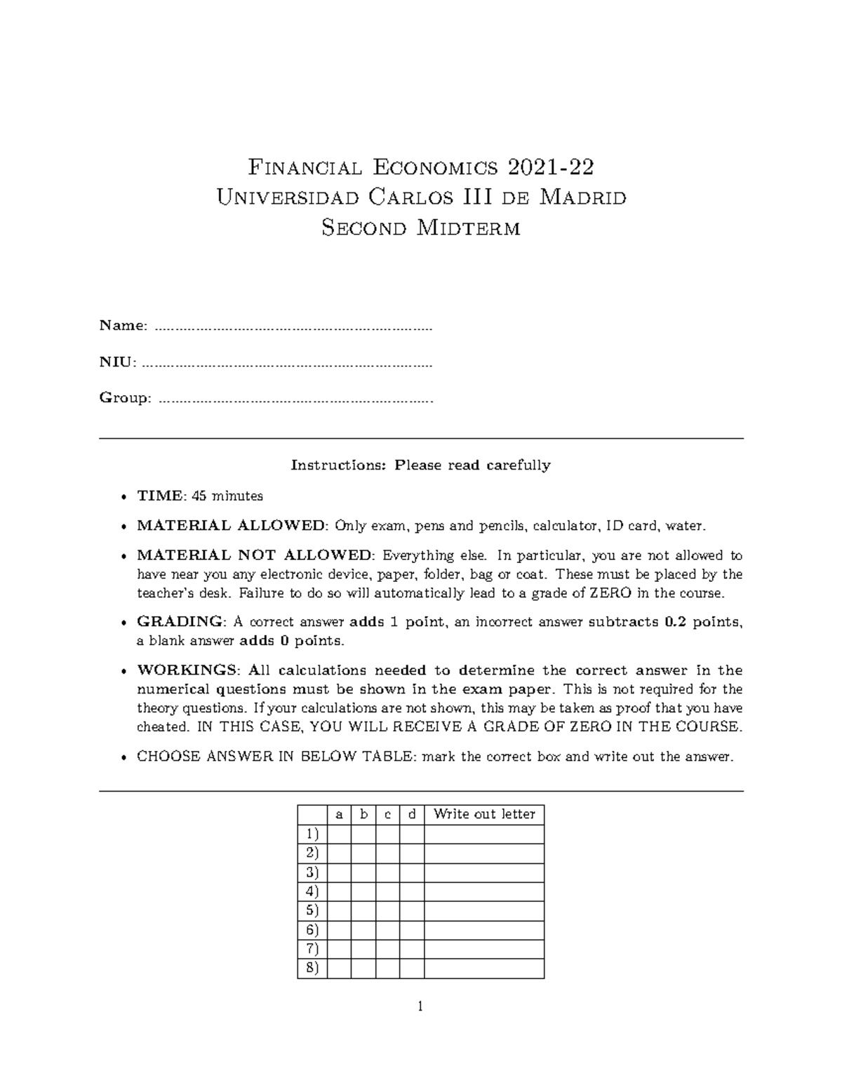 Financial Economics (FIN 202) Second Midterm Exam Solutions - Studocu