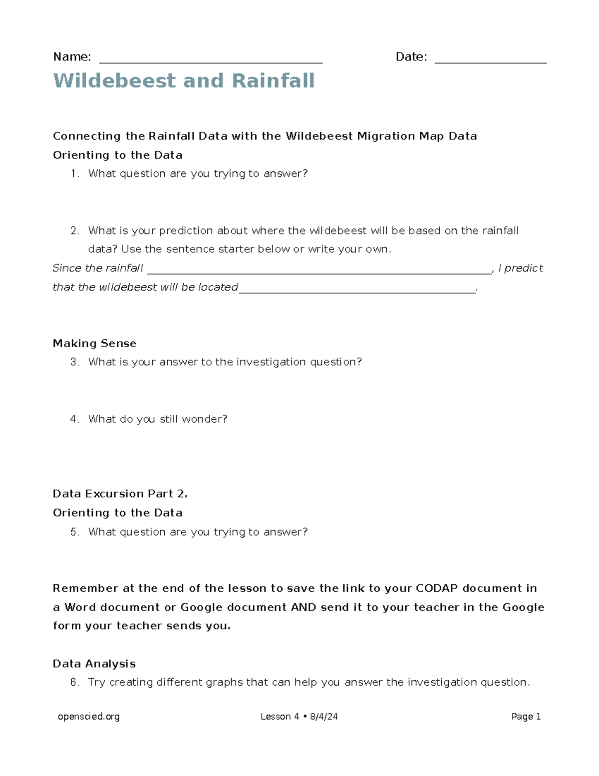 B.1 Lesson 4 Handout: Analyzing Wildebeest Migration & Rainfall Data ...