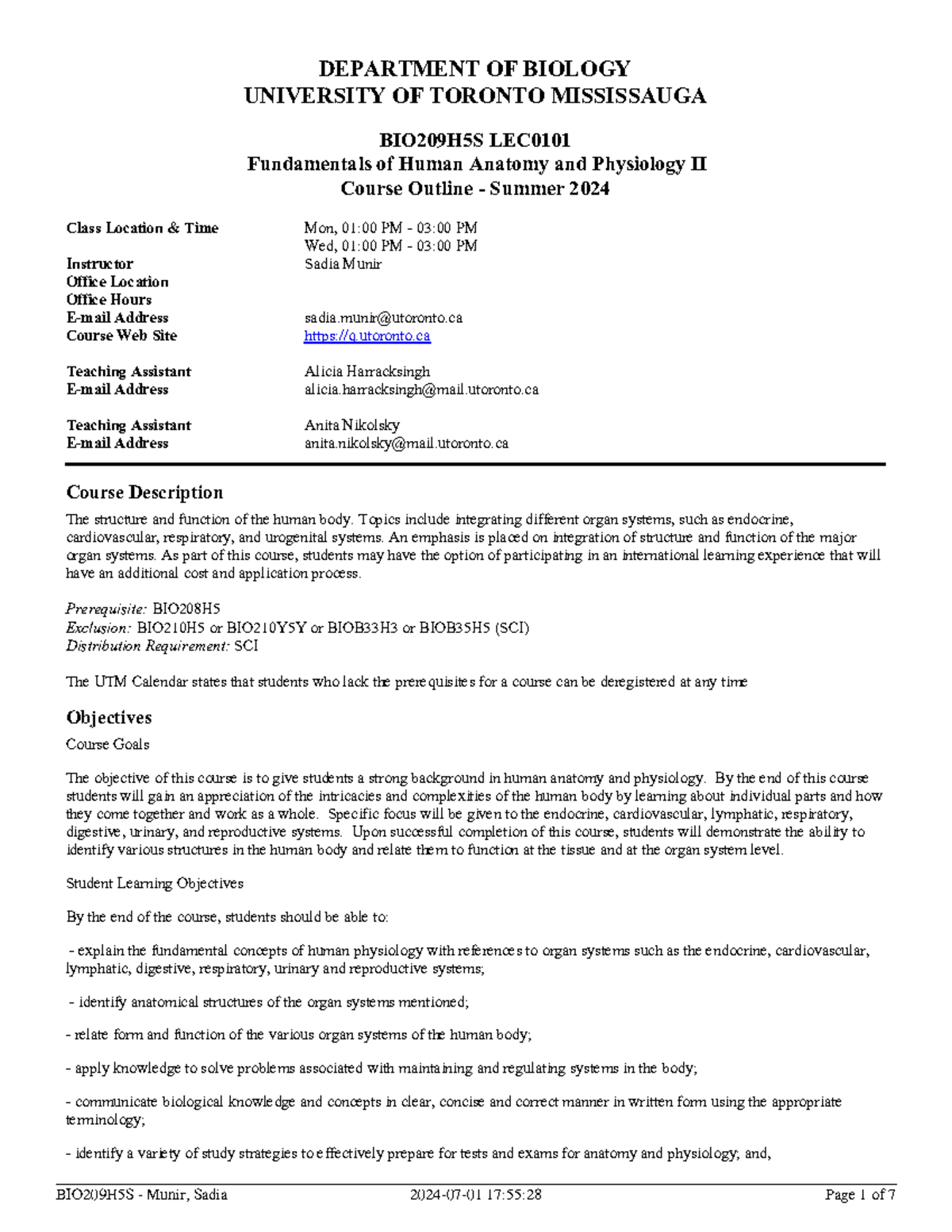 BIO209H5S LEC0101 Syllabus - Fundamentals of Human Anatomy & Physiology ...