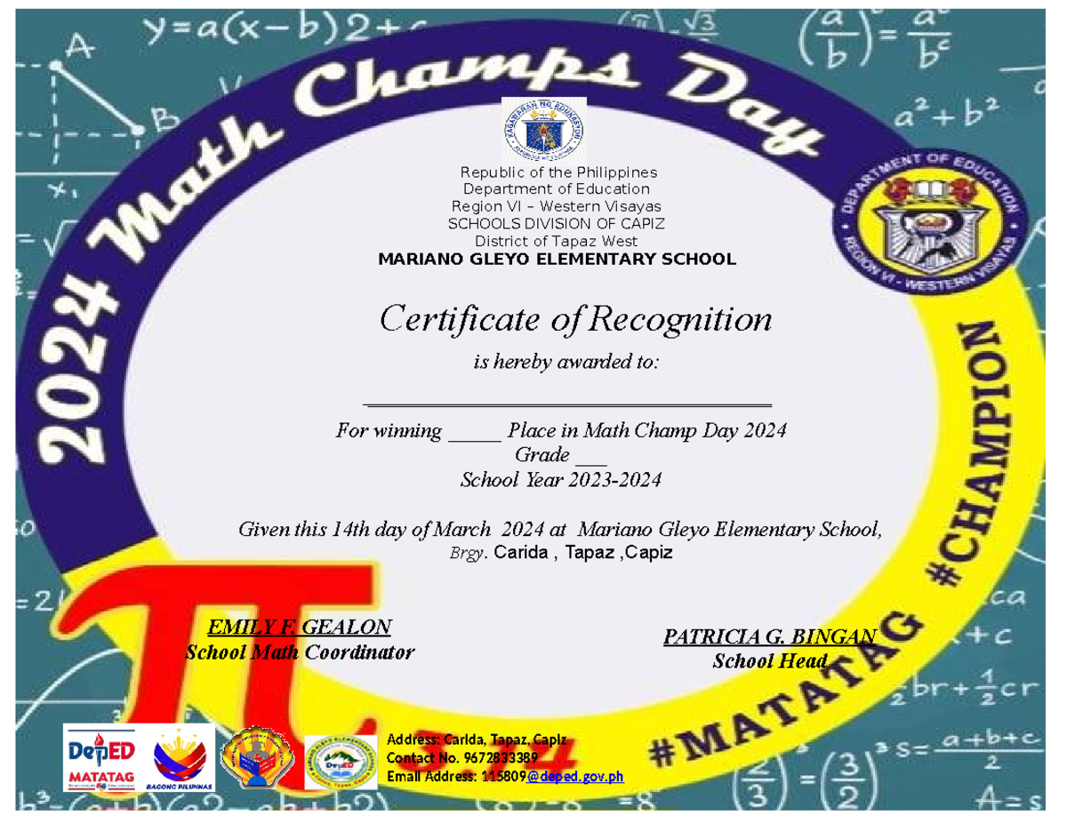Math Champ Day 2024 Recognition Certificate - Grade ___ - Studocu