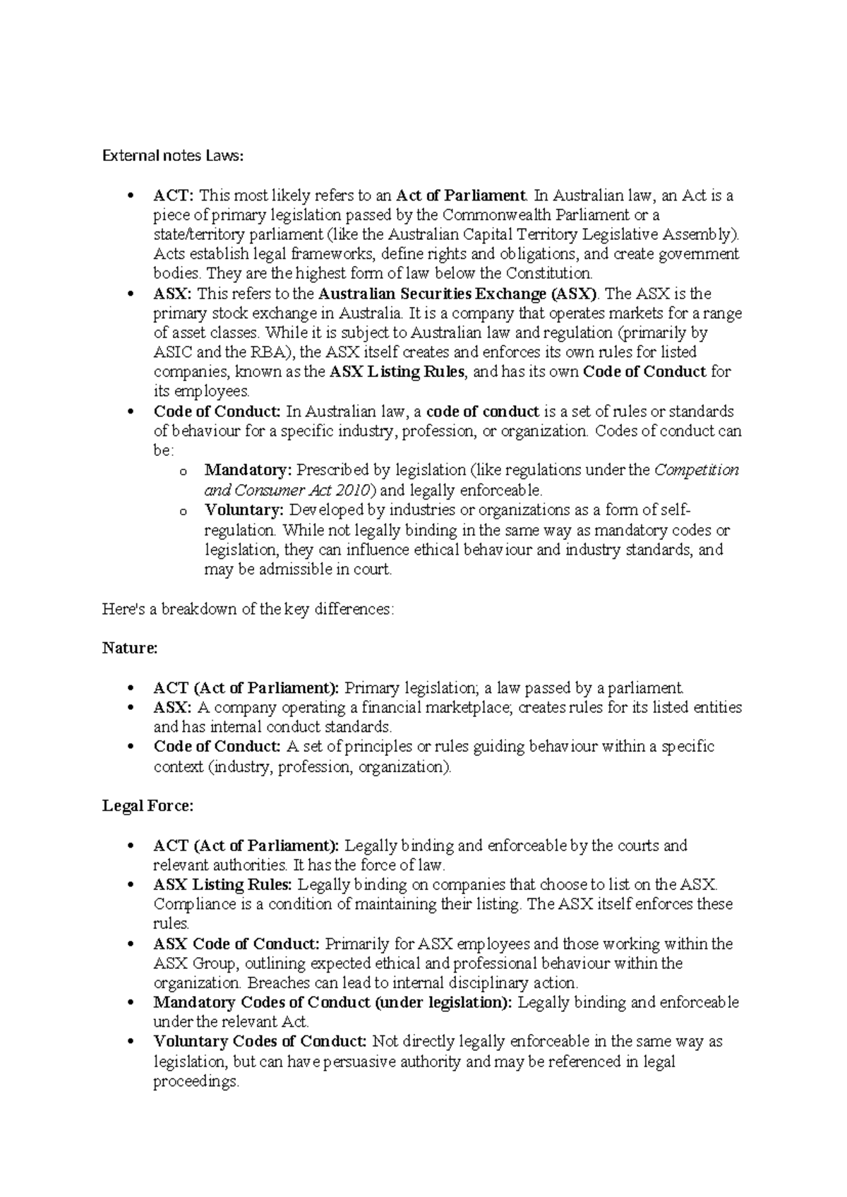External Notes on Australian Laws: ACT, ASX & Codes of Conduct - Studocu