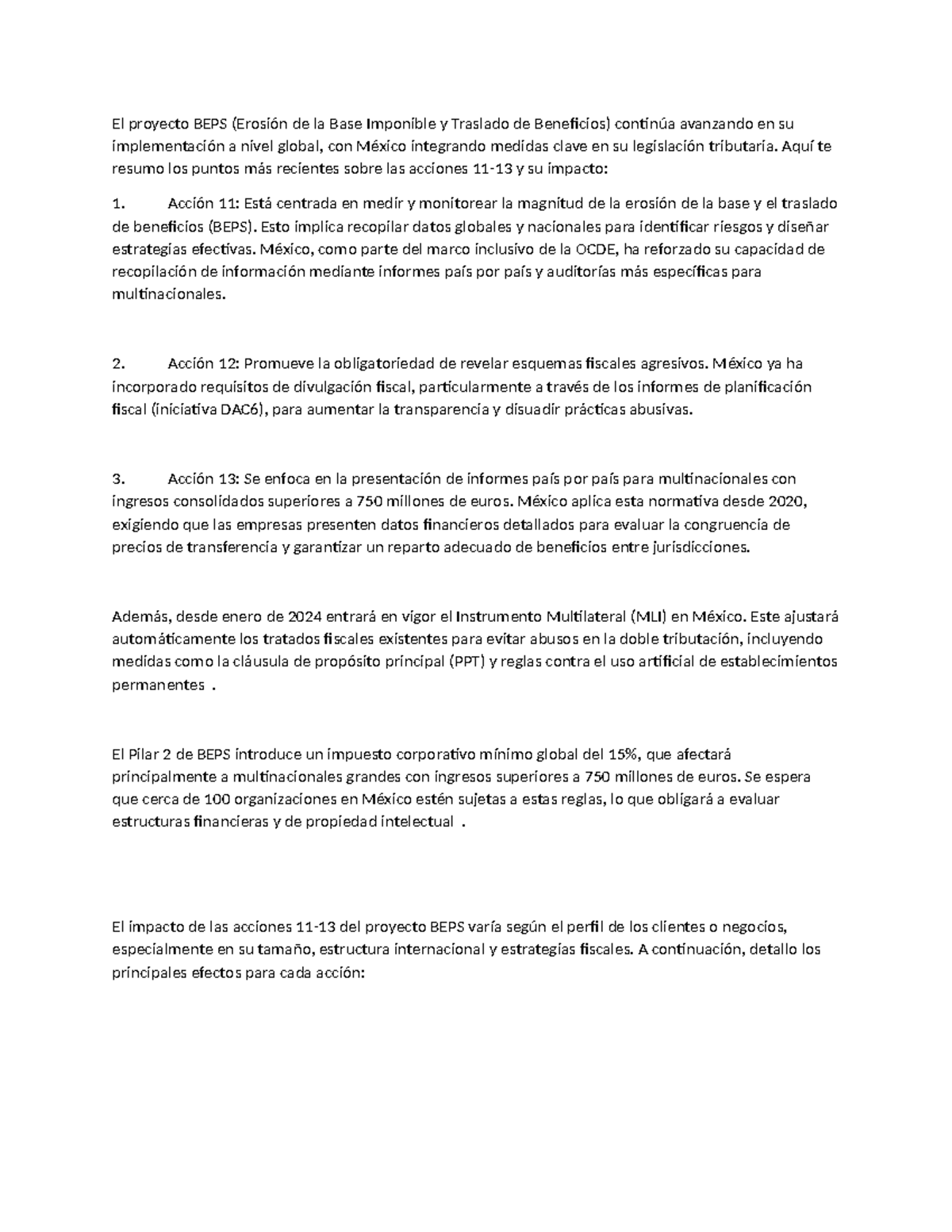 Resumen del Proyecto BEPS y su Implementación en México - Studocu