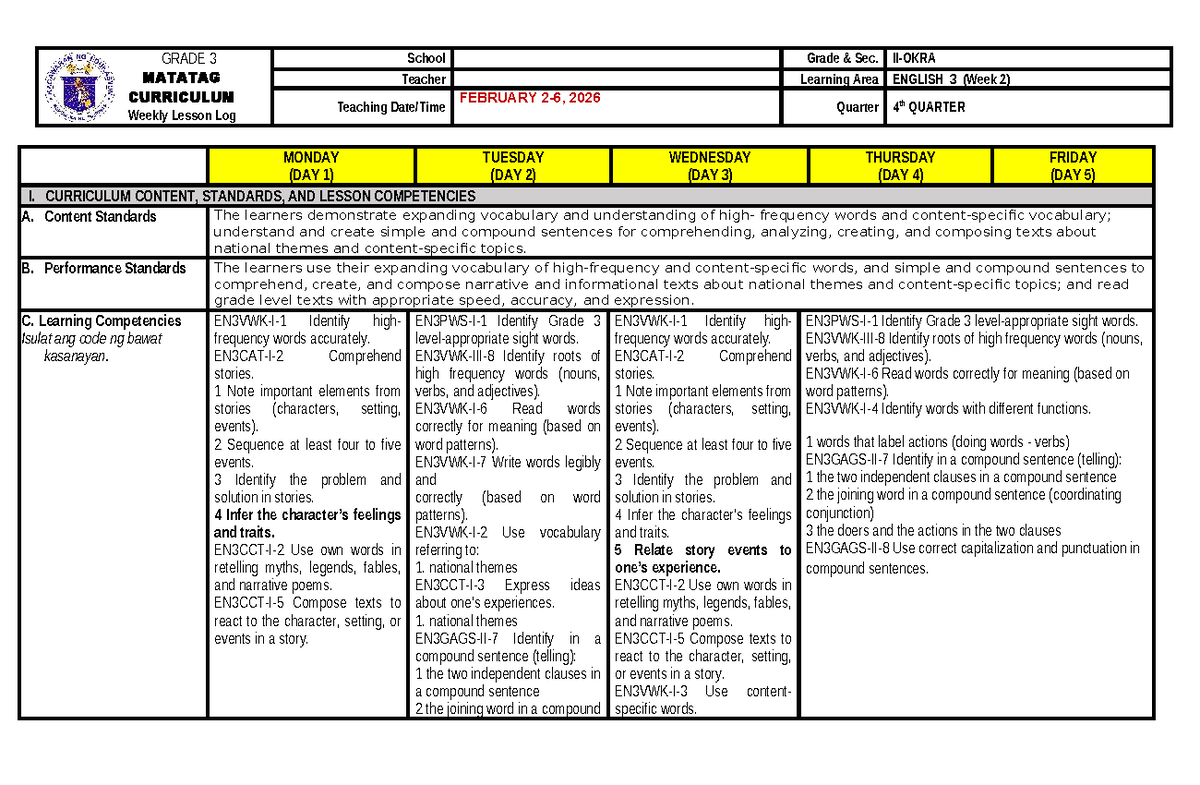 Q4 G3 ENGLISH WEEK 2 Lesson Log on Myths and Vocabulary Skills - Studocu