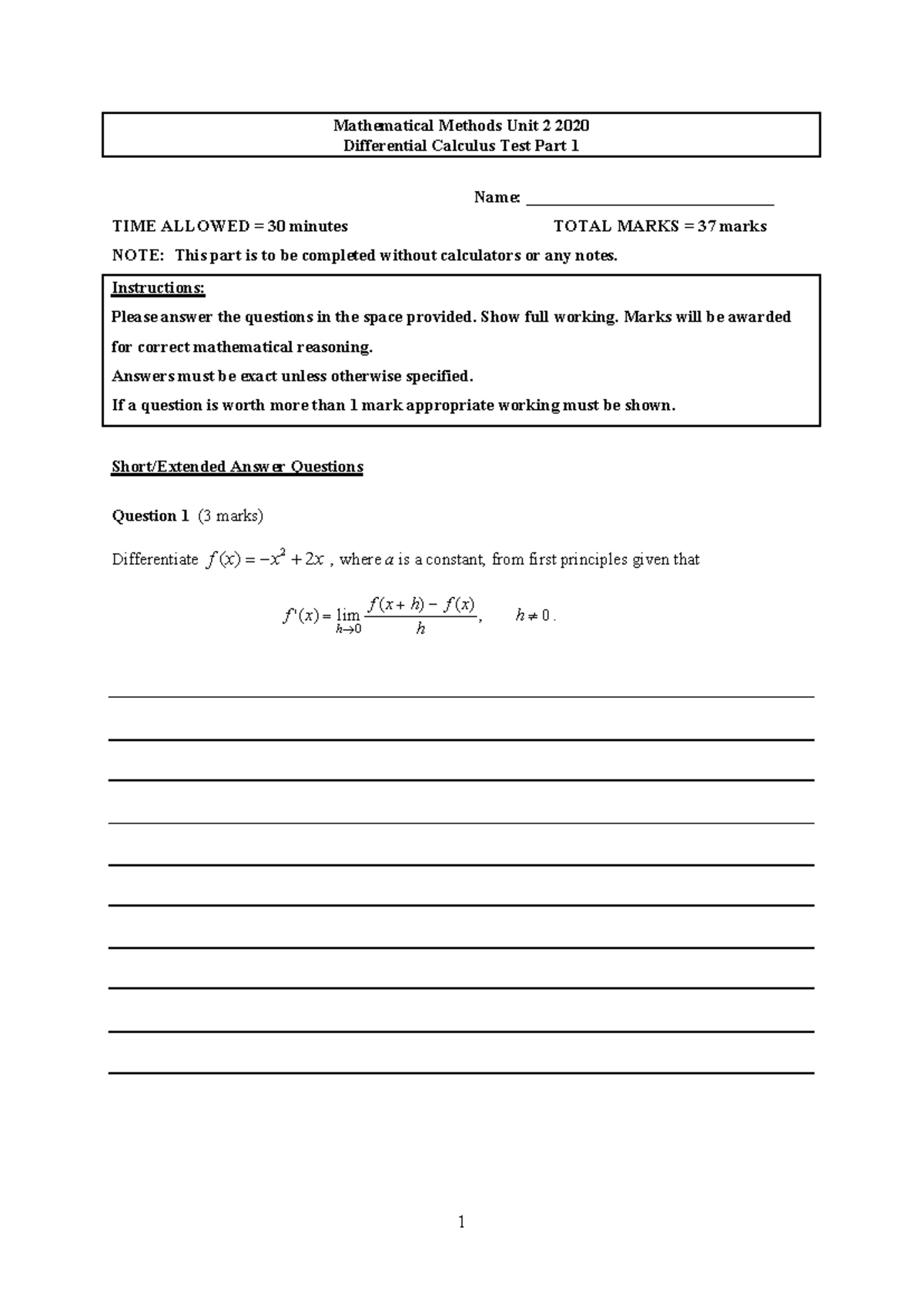 MATH101 Differential Calculus Test Part 1 - 2020 - Studocu