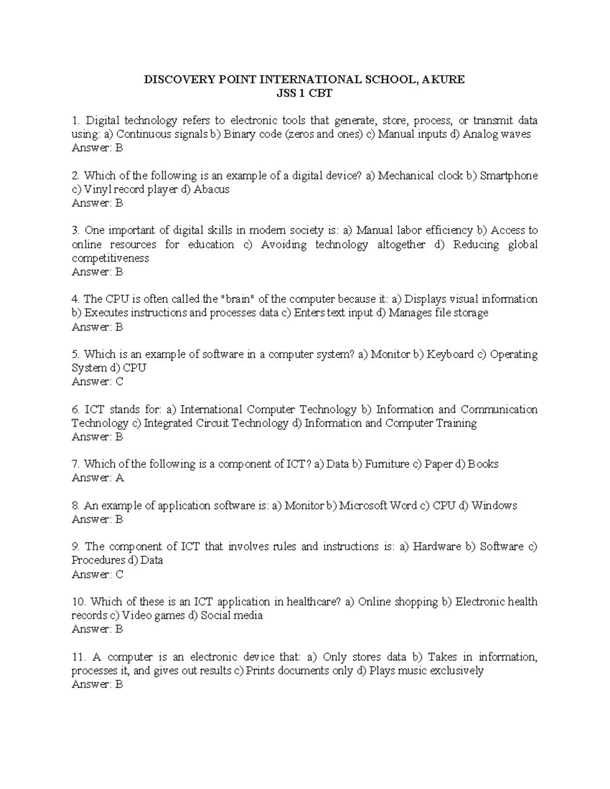 JSS 1 Digital Technologies Objective Exam Questions - Studocu