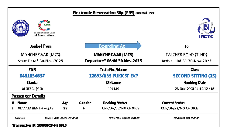Electronic Reservation Slip for Train 6461854857 from MCS to TLHD - Studocu