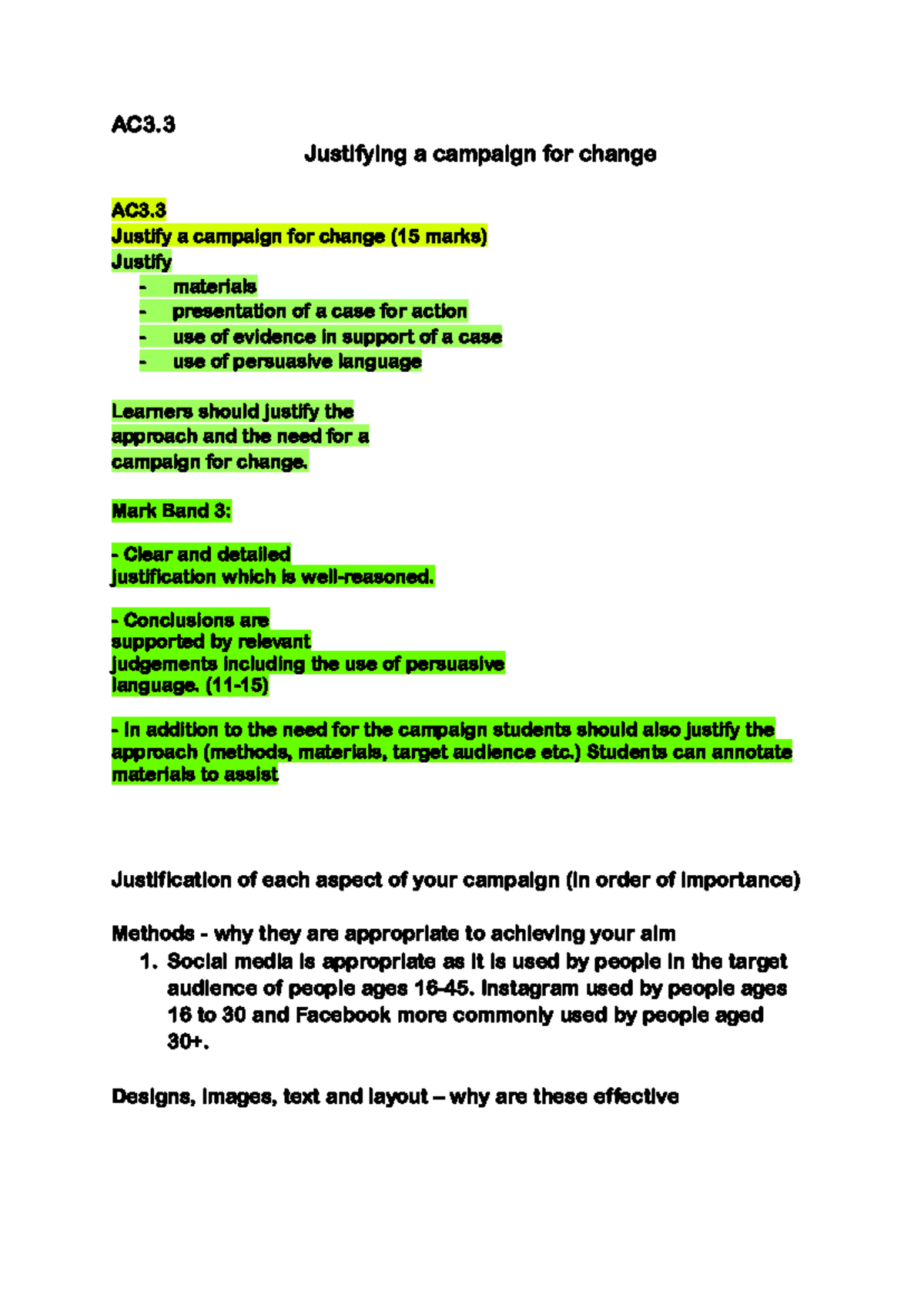 AC3.3 Campaign for Change Justification Guide (15 Marks) - Studocu
