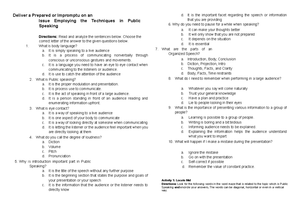 Public Speaking Techniques: Impromptu Speech Performance Tasks - Studocu