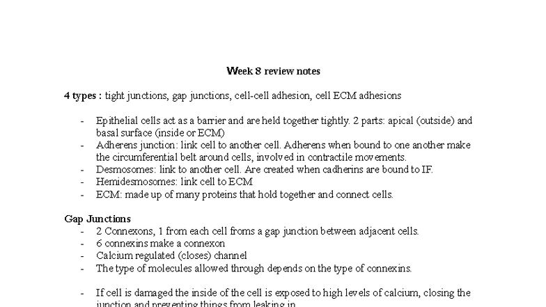 Week 8:9 Review Notes on Cell Junctions and ECM Functions - Studocu