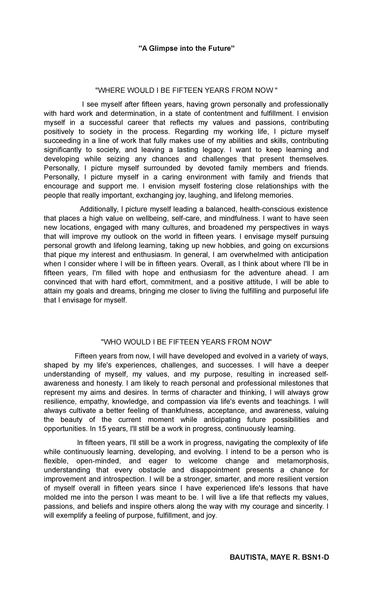 BSN1-D Essay: A Vision of My Life in 15 Years - Studocu