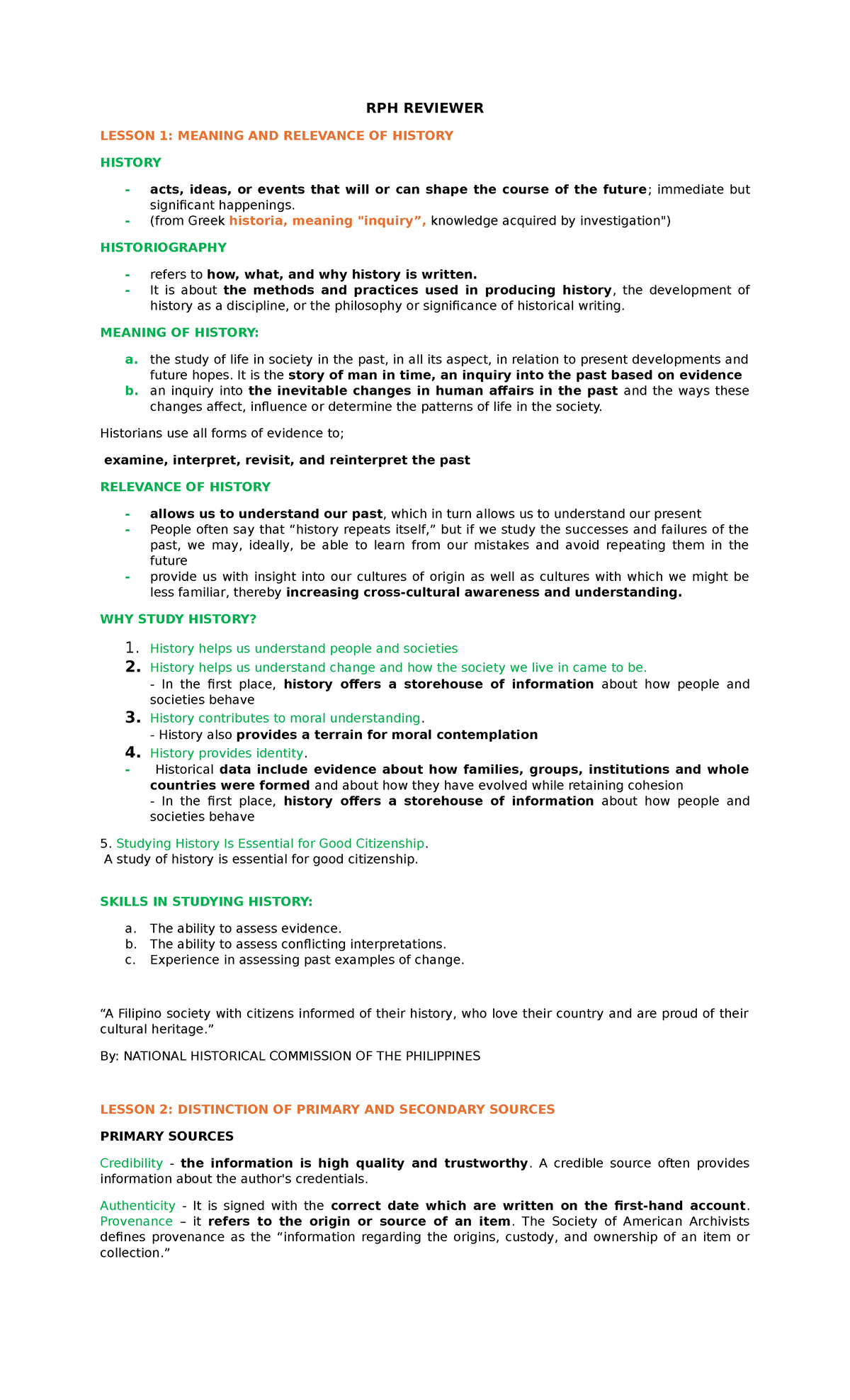 RPH- Final Exam Reviewer: Exploring History, Sources & Methods - Studocu