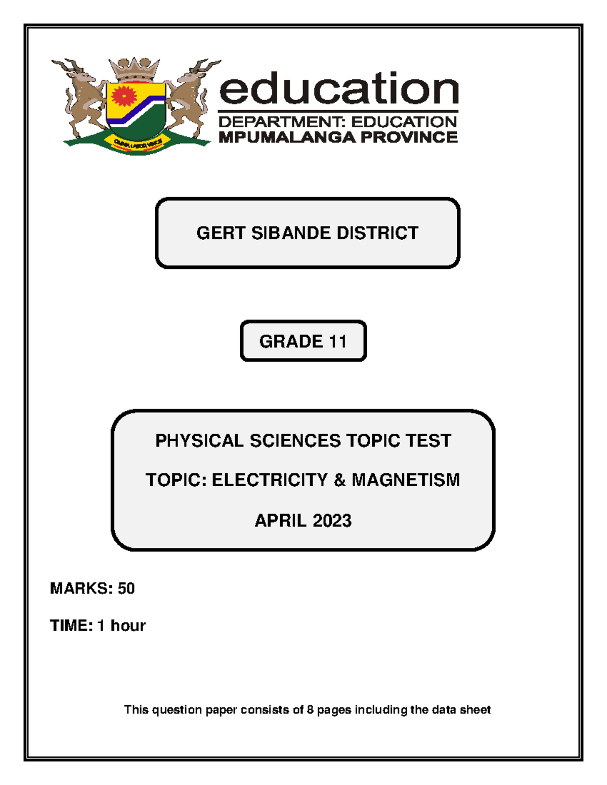 Grade 11 Electricity & Magnetism Topic Test QP - April 2023 - Studocu