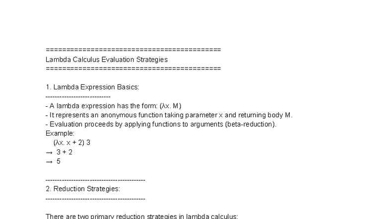 Lambda Calculus Evaluation Strategies: Applicative vs Normal Order - Studocu