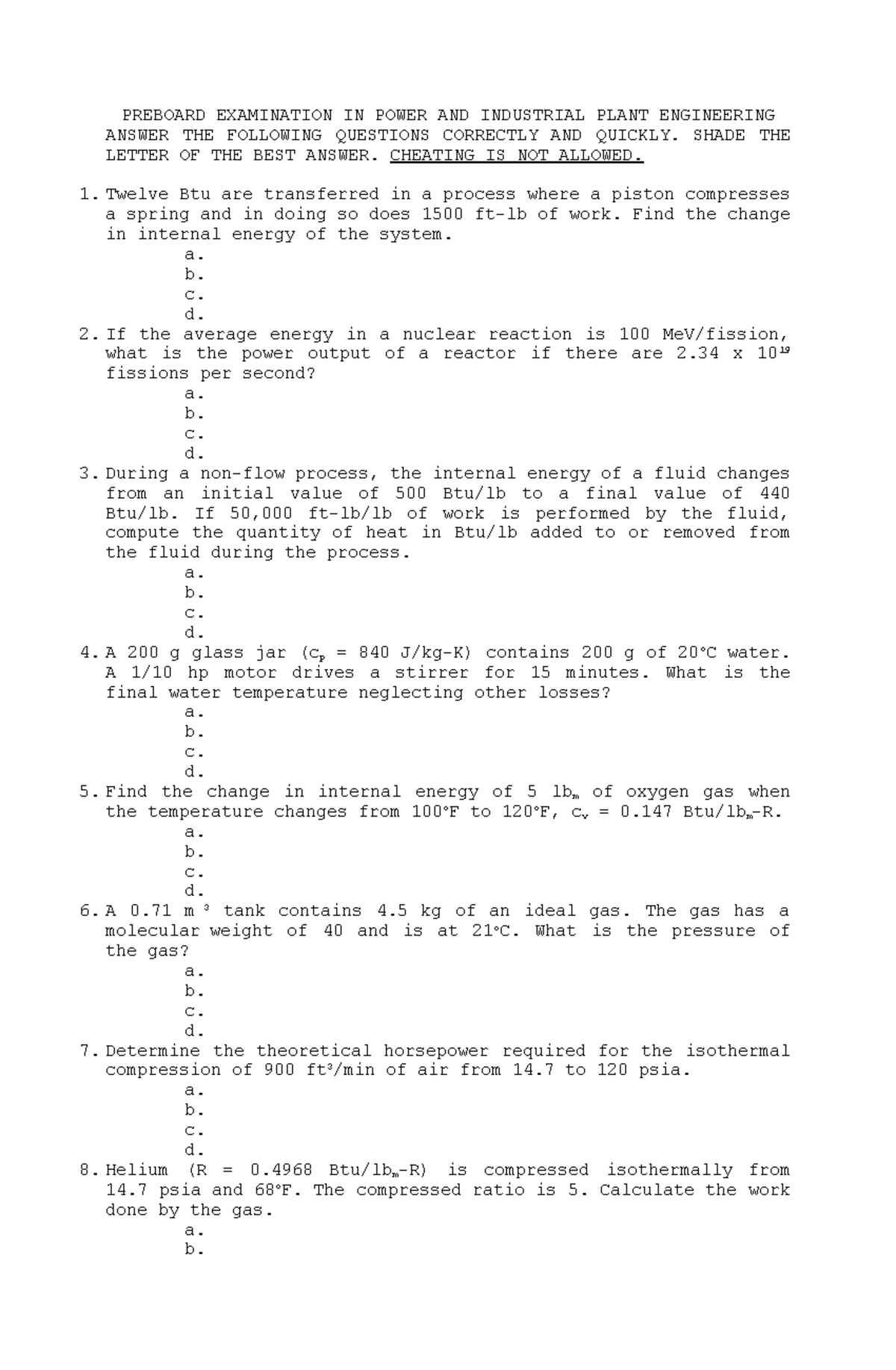 Power and Industrial Plant Engineering - PREBOARD EXAMINATION IN POWER ...
