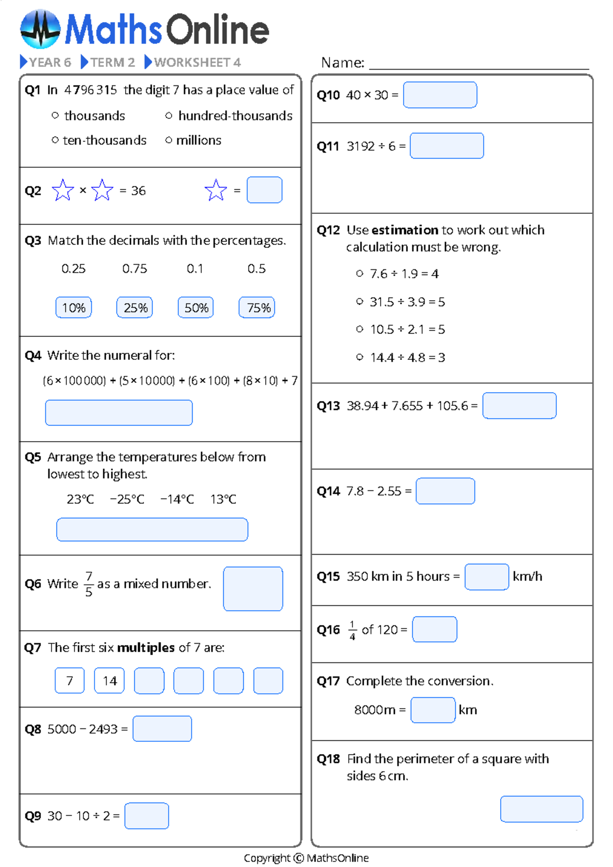 Year 6 Term 2 Worksheet 4 - MathsOnline Study Material - Studocu