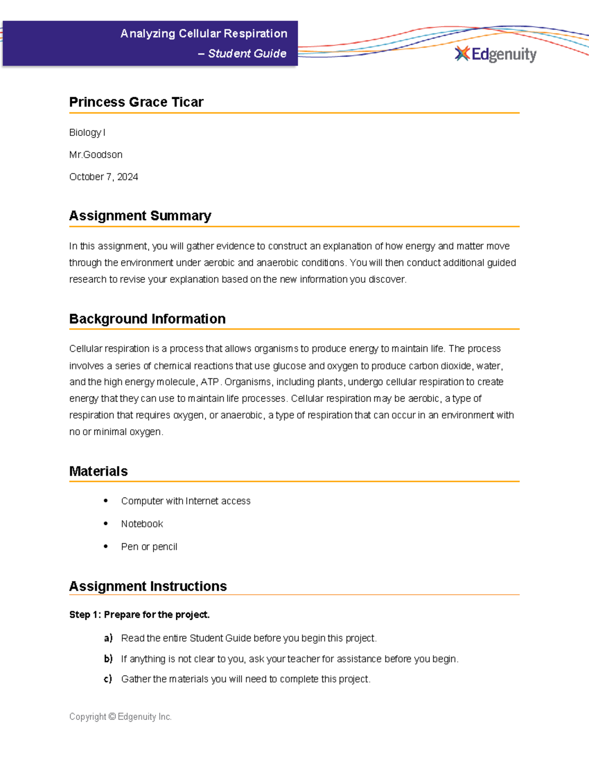 Biology I: Analyzing Cellular Respiration - Student Guide & Project ...