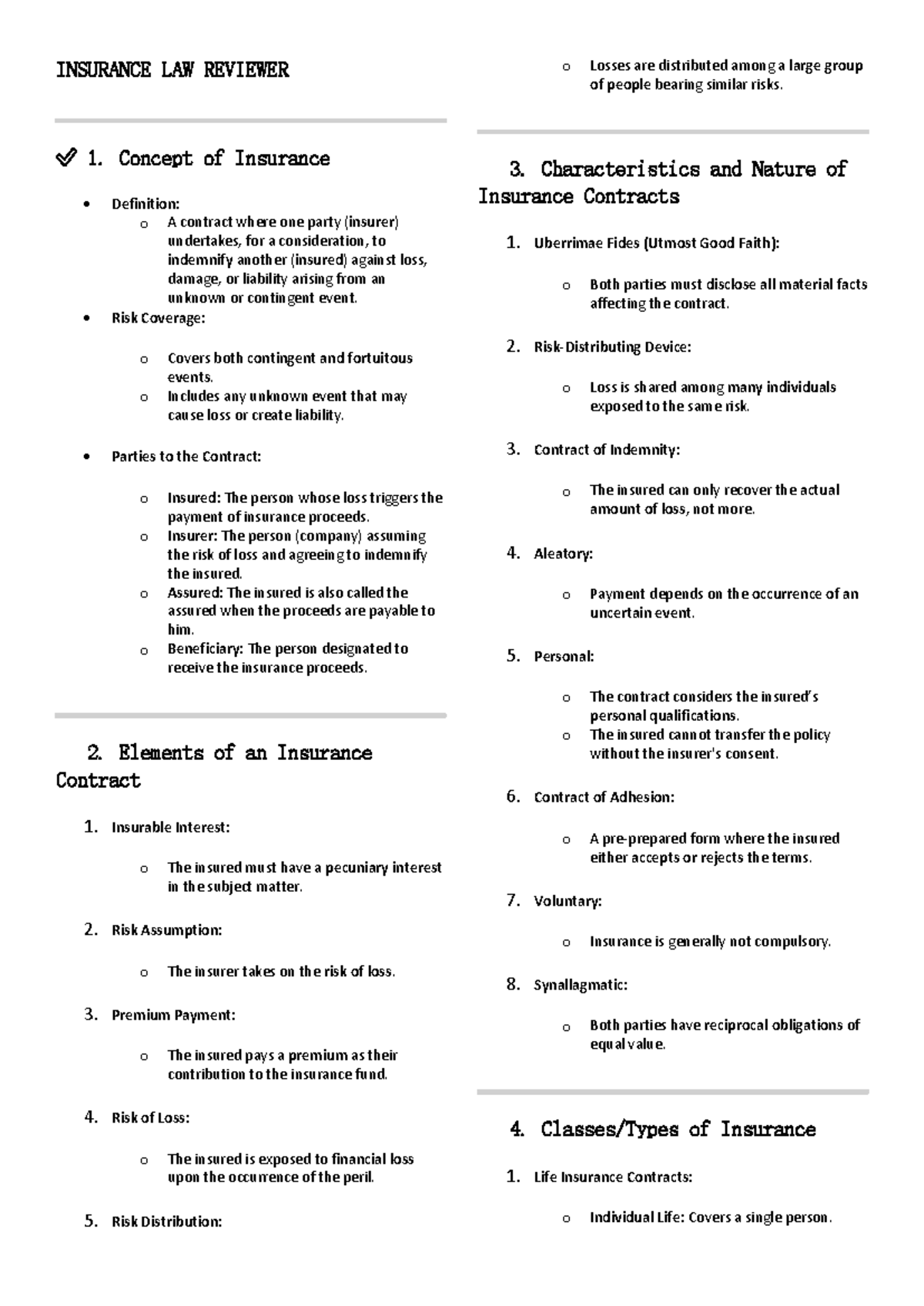 INSURANCE LAW REVIEWER (RFBT) - Key Concepts and Principles - Studocu